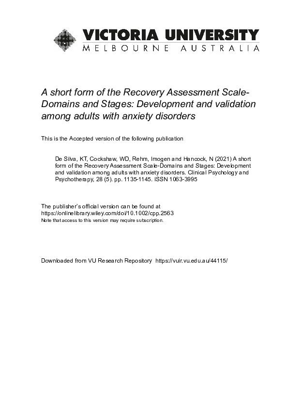 (PDF) A short form of the Recovery Assessment Scale‐Domains and Stages ...