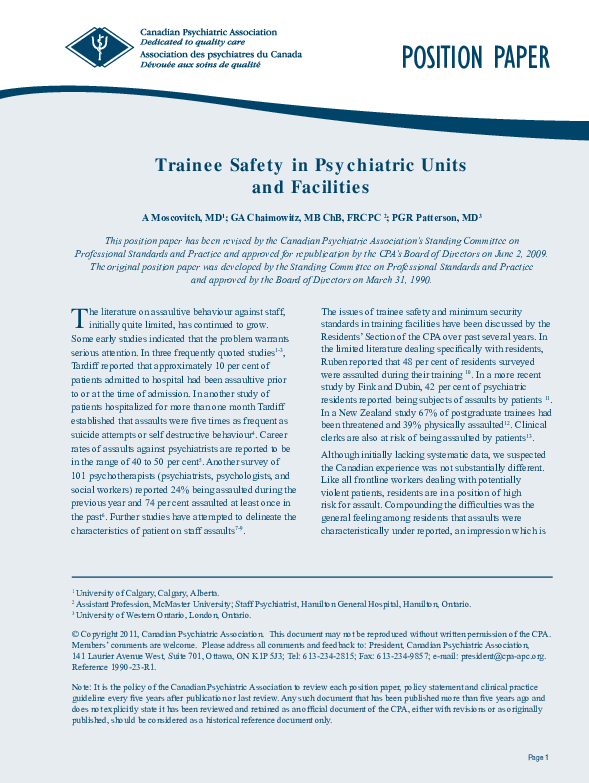 (PDF) Trainee Safety in Psychiatric Units and Facilities