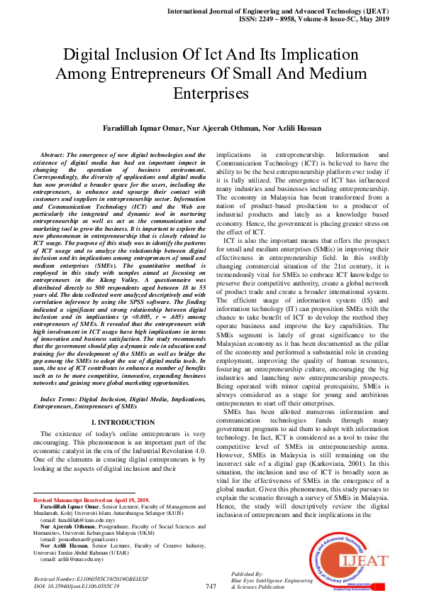 (PDF) Digital Inclusion Of Ict And Its Implication Among Entrepreneurs Of Small And Medium ...