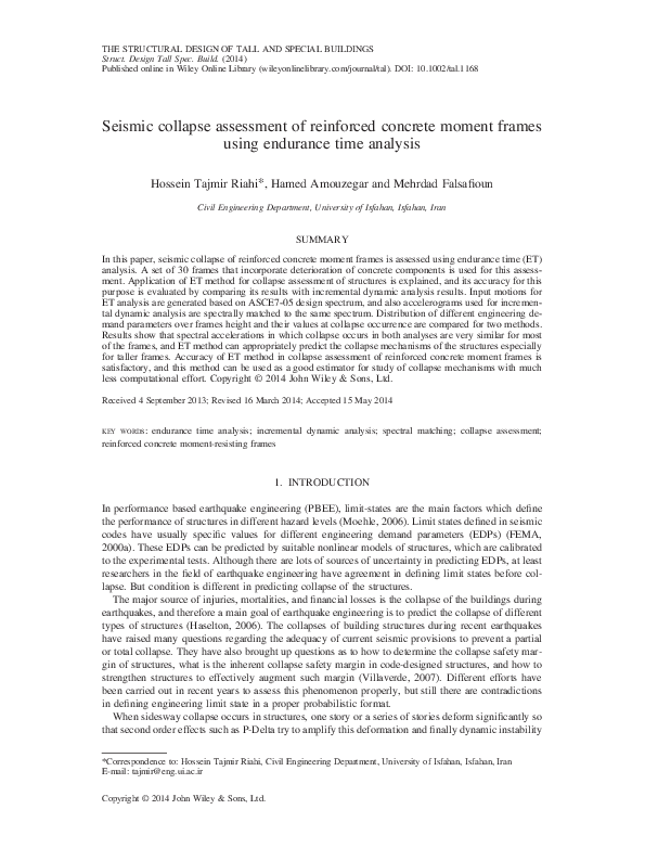 (PDF) Seismic collapse assessment of reinforced concrete moment frames using endurance time analysis