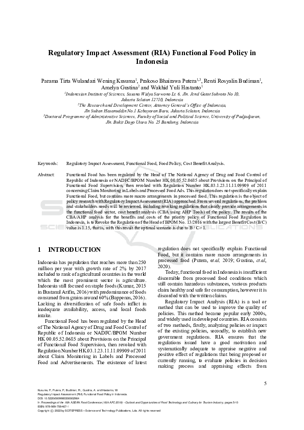 (PDF) Regulatory Impact Assessment (RIA) Functional Food Policy in Indonesia