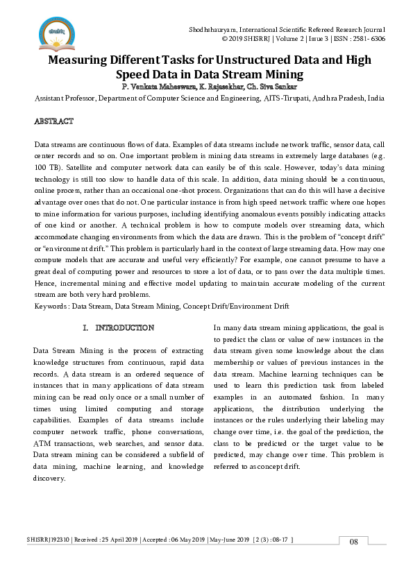 (PDF) Measuring Different Tasks for Unstructured Data and High Speed Data in Data Stream Mining ...