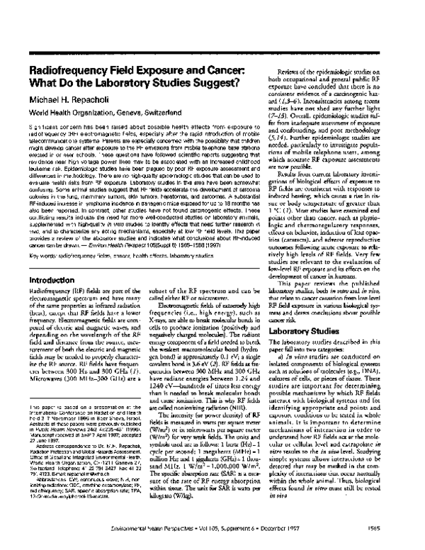 (PDF) Radiofrequency field exposure and cancer: what do the laboratory studies suggest?