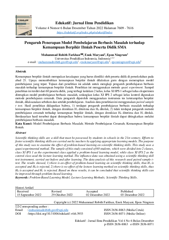 (PDF) Pengaruh Penerapan Model Pembelajaran Berbasis Masalah Terhadap Kemampuan Berpikir Ilmiah ...
