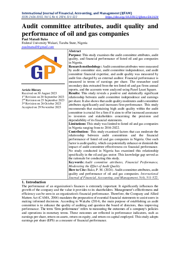 (PDF) Audit committee attributes, audit quality and performance of oil ...
