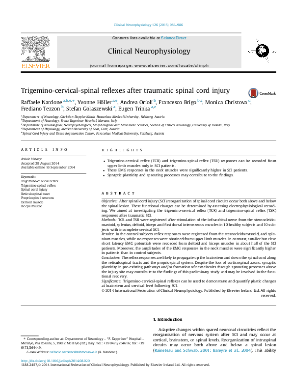 (PDF) Trigemino-cervical-spinal reflexes after traumatic spinal cord injury