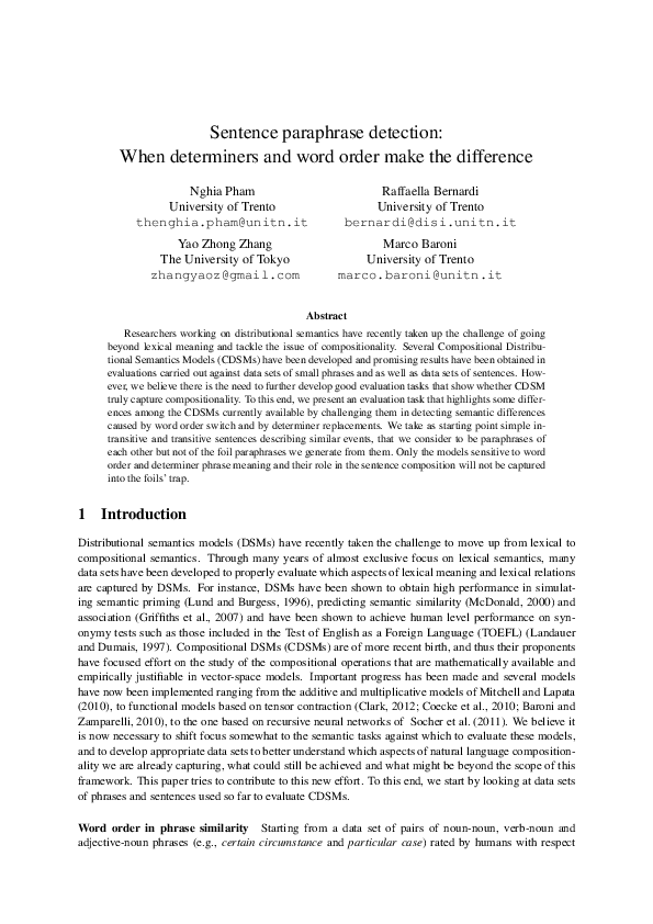 (PDF) Sentence paraphrase detection: When determiners and word order ...