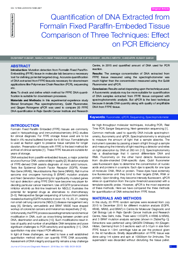 Pdf Quantification Of Dna Extracted From Formalin Fixed Paraffin Embeded Tissue Comparison Of