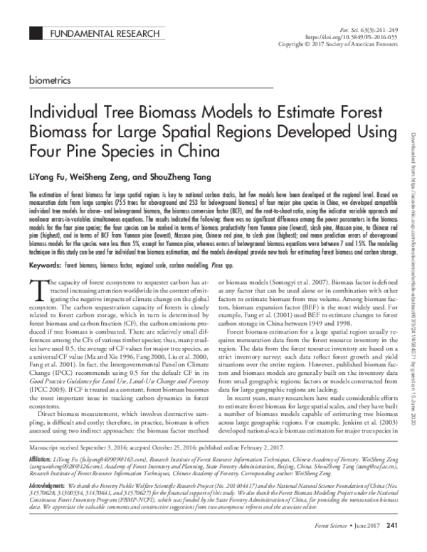 (PDF) Individual Tree Biomass Models to Estimate Forest Biomass for ...