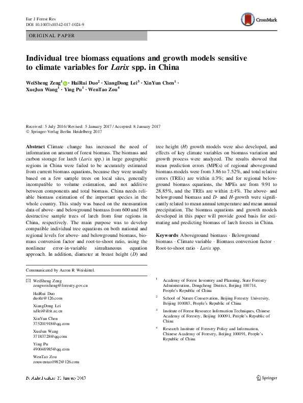 (PDF) Individual tree biomass equations and growth models sensitive to ...