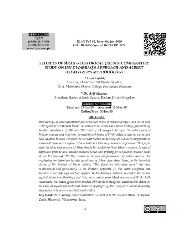 (PDF) Sources of Sirah & Historical Quests: Comparative Study on Ibn e Warraq’s Approach and ...