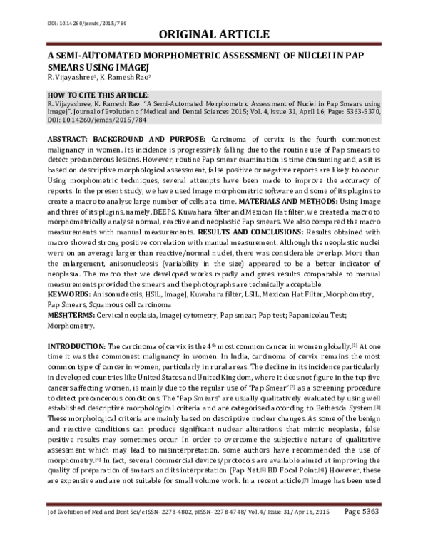 Pdf A Semi Automated Morphometric Assessment Of Nuclei In Pap Smears Using Imagej