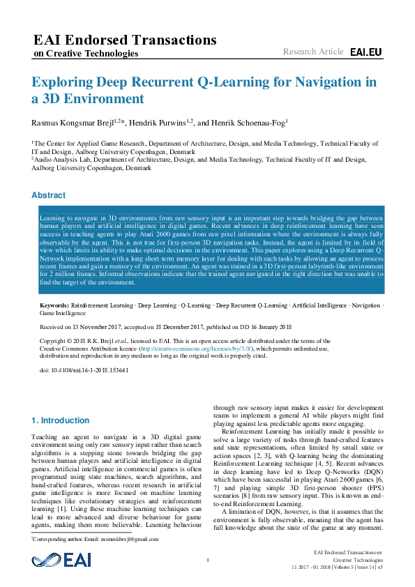 (PDF) Exploring Deep Recurrent Q-Learning for Navigation in a 3D Environment