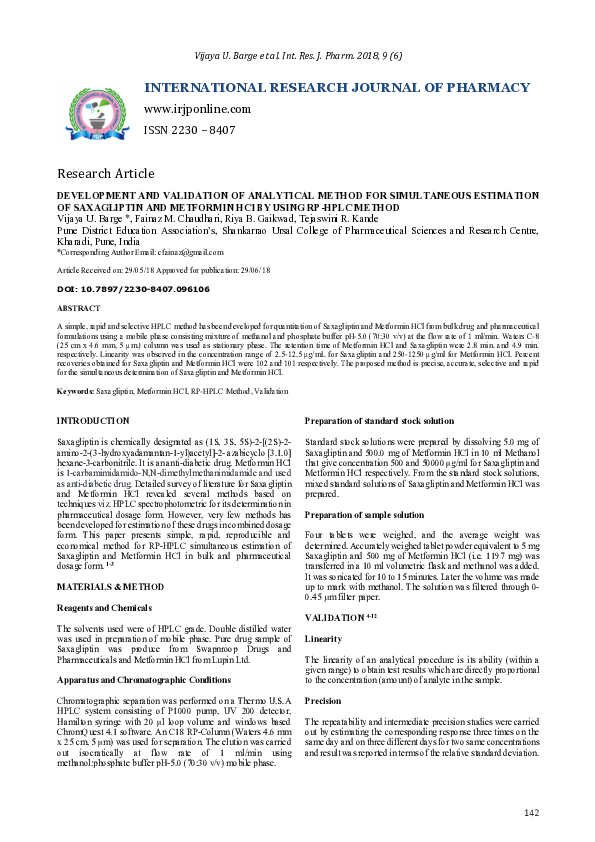 Pdf Development And Validation Of Analytical Method For Simultaneous Estimation Of Saxagliptin
