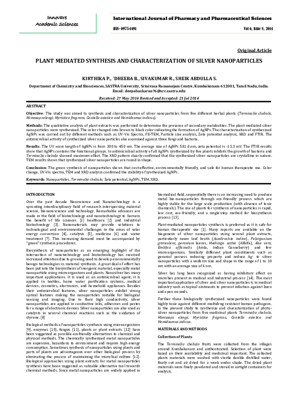 (PDF) PLANT MEDIATED SYNTHESIS AND CHARACTERIZATION OF SILVER NANOPARTICLES