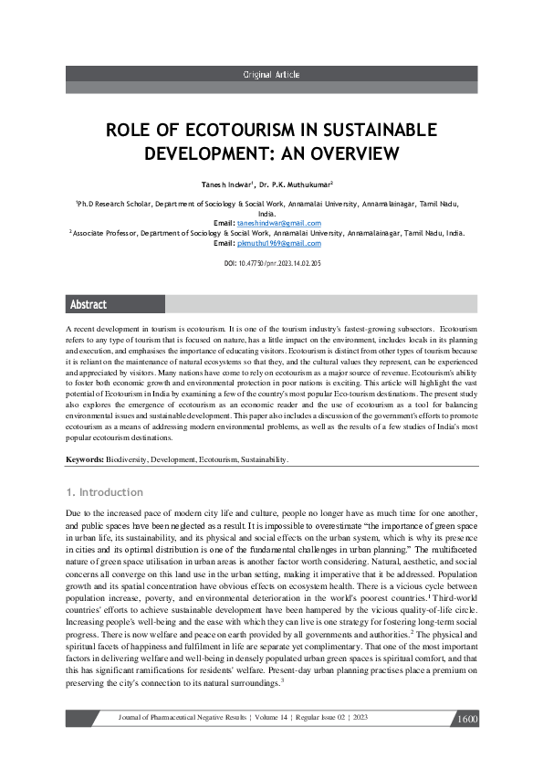 (PDF) ROLE OF ECOTOURISM IN SUSTAINABLE DEVELOPMENT: AN OVERVIEW