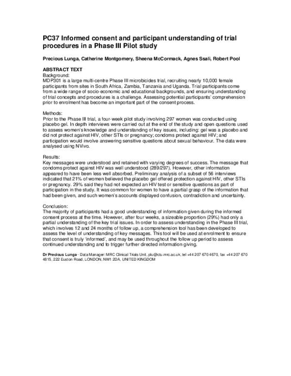 (PDF) Informed consent and participant understanding of trial ...