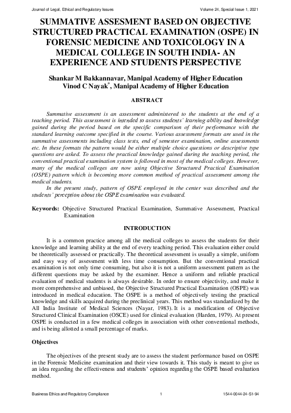 (PDF) Summative Assesment Based On Objective Structured Practical Examination (Ospe) In Forensic ...