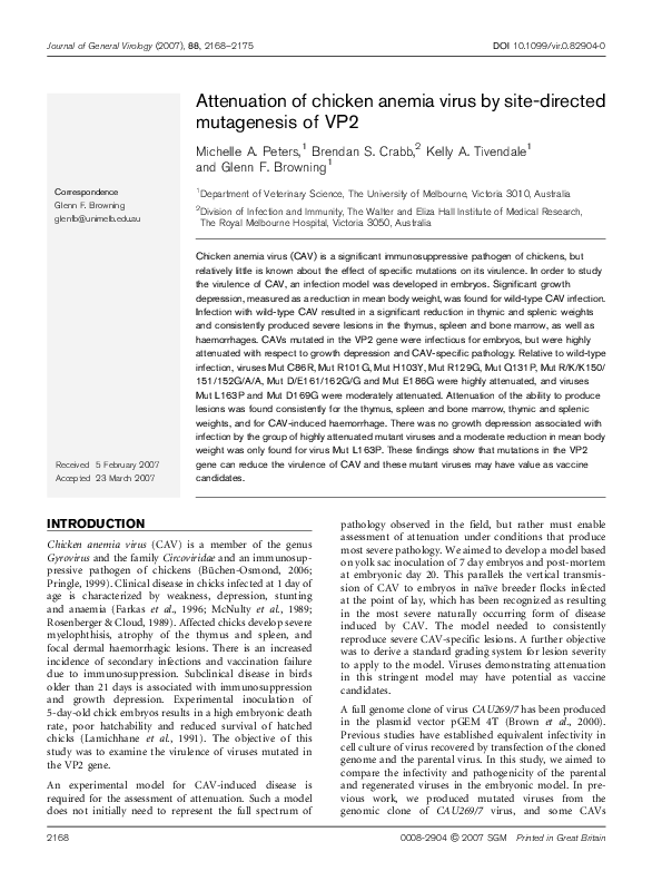 (PDF) Attenuation of chicken anemia virus by site-directed mutagenesis of VP2