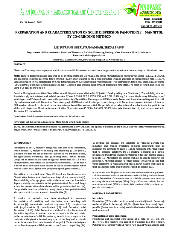 (PDF) Preparation and Characterization of Solid Dispersion Famotidine ...