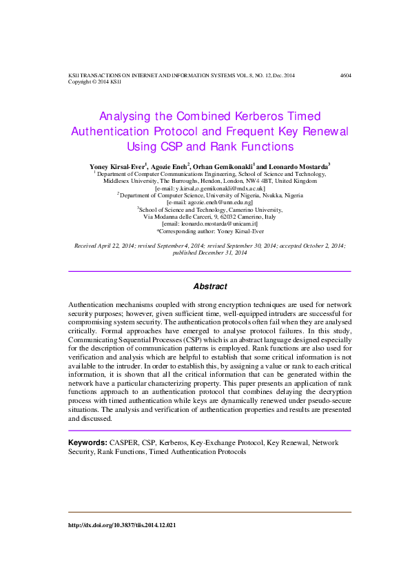 Pdf Analysing The Combined Kerberos Timed Authentication Protocol And