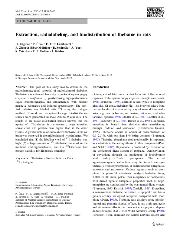 (PDF) Extraction, radiolabeling, and biodistribution of thebaine in rats | Fatma yurt - Academia.edu