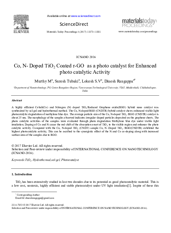 (PDF) Co, N-Doped TiO 2 Coated r-GO as a photo catalyst for Enhanced ...