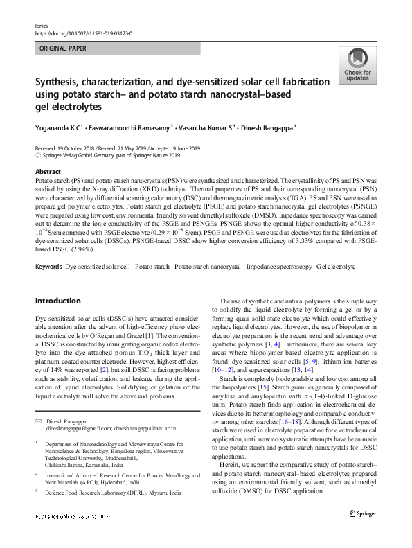 (PDF) Synthesis, characterization, and dye-sensitized solar cell fabrication using potato starch ...