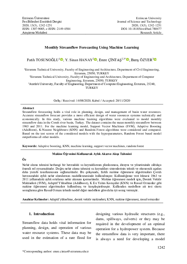 (PDF) Monthly Streamflow Forecasting Using Machine Learning
