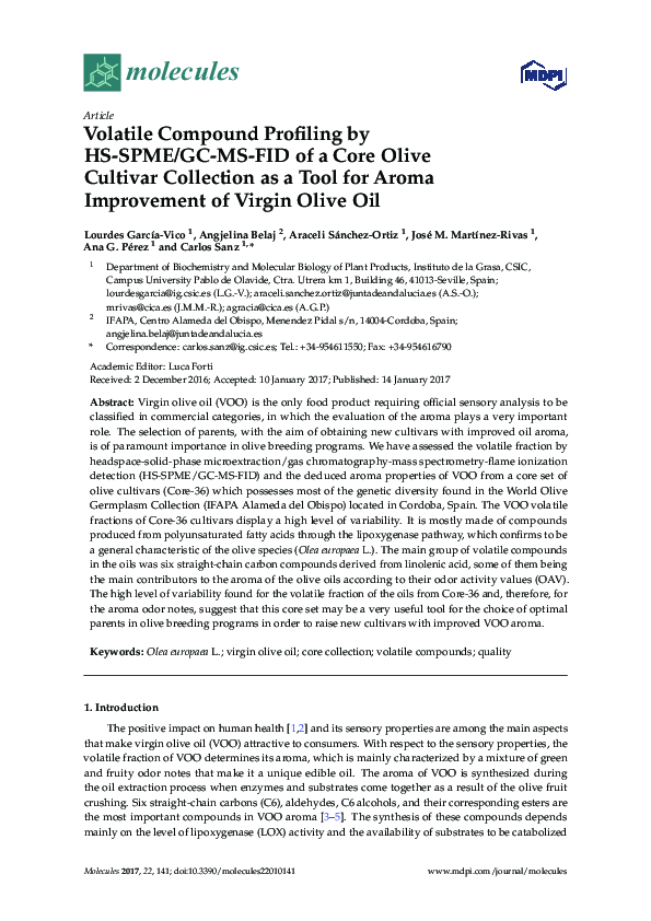 (PDF) HS-SPME/GC-MS-FID Profiling of Olive Aroma