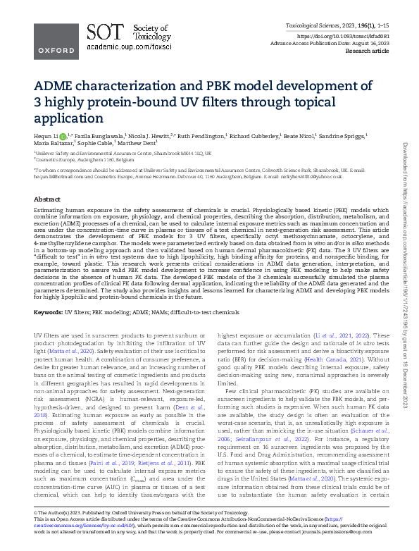 (PDF) ADME characterisation and PBK model development of 3 highly protein-bound UV filters ...