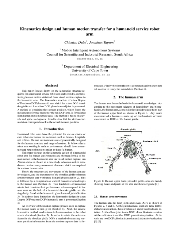 (PDF) Kinematics design and human motion transfer for a humanoid ...