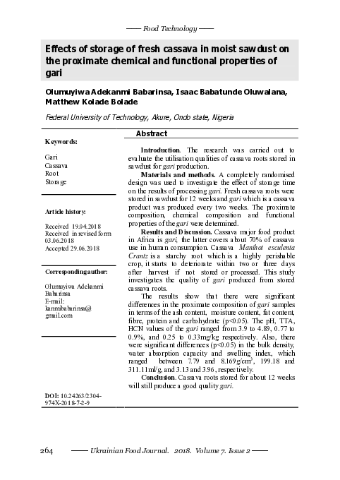 (PDF) Effects of storage of fresh cassava in moist sawdust on the ...