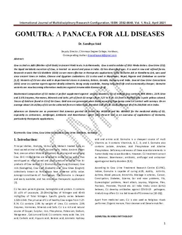 (PDF) Gomutra: A Panacea for All Diseases