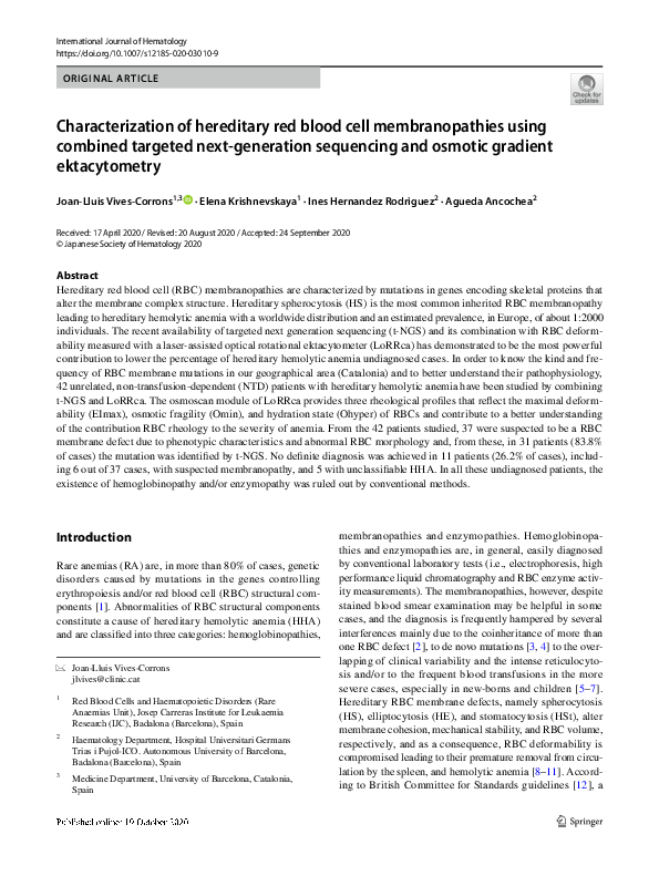 (PDF) Characterization of hereditary red blood cell membranopathies ...