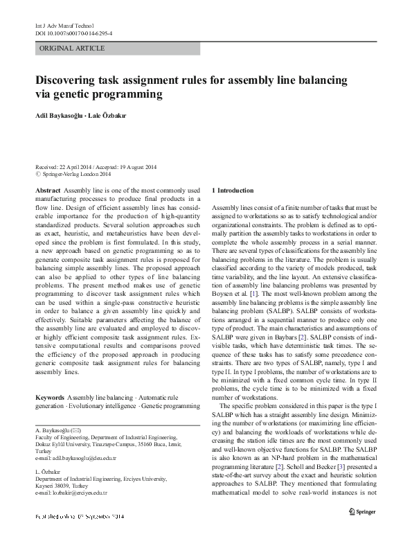 (PDF) Discovering task assignment rules for assembly line balancing via genetic programming