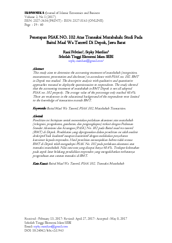 (PDF) Penerapan PSAK NO. 102 Atas Transaksi Murabahah: Studi Pada Baitul Maal Wa Tamwil Di Depok ...