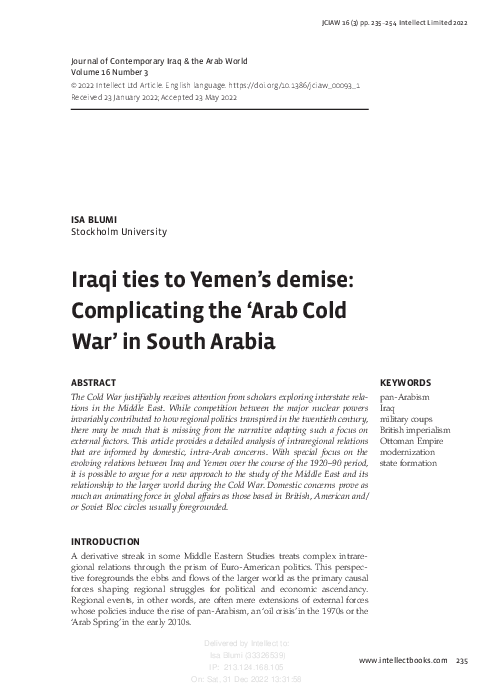 (PDF) Iraqi ties to Yemen's demise: Complicating the 'Arab Cold War' in ...