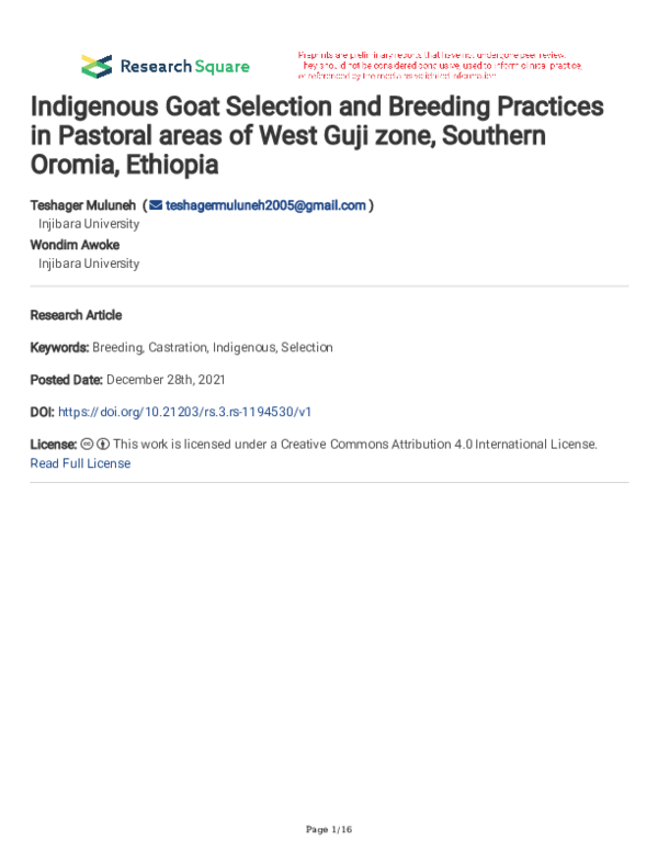 (PDF) Indigenous Goat Selection and Breeding Practices in Pastoral areas of West Guji zone ...