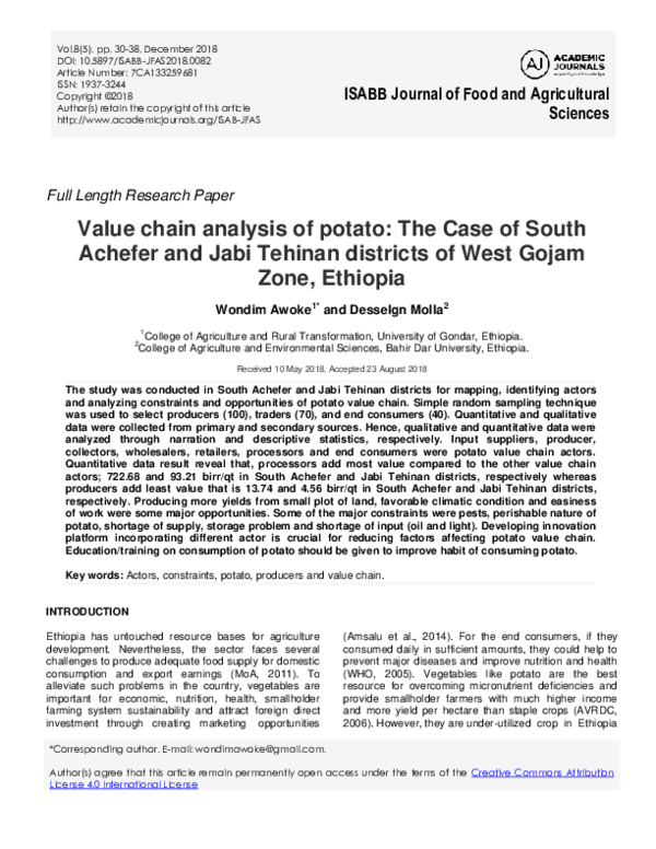 (PDF) Value chain analysis of potato: The Case of South Achefer and ...