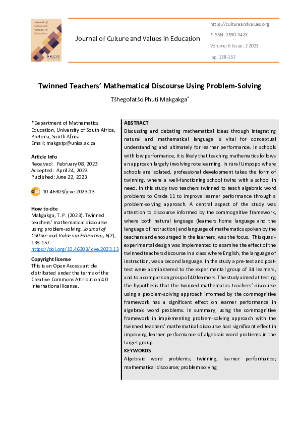 (PDF) Twinned Teachers’ Mathematical Discourse Using Problem-Solving