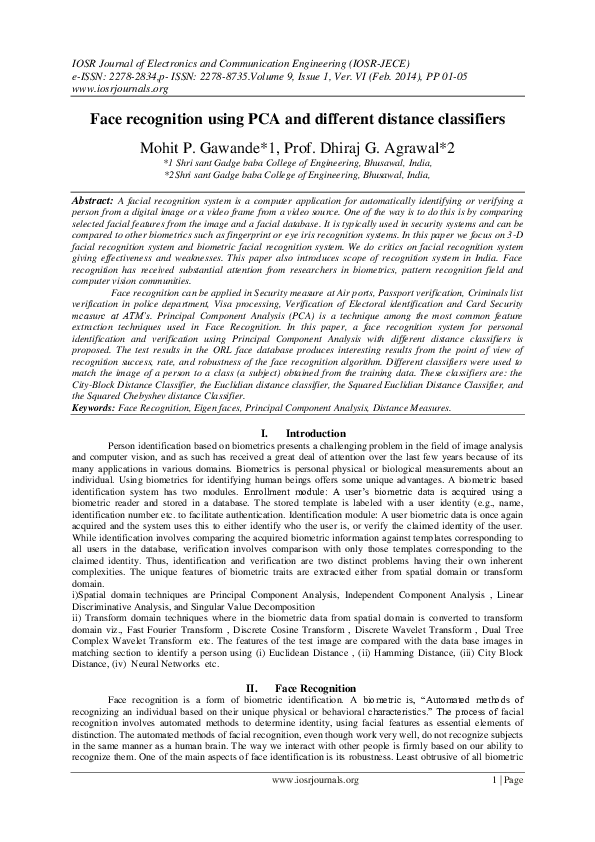 Pdf Face Recognition Using Pca And Different Distance Classifiers 7323