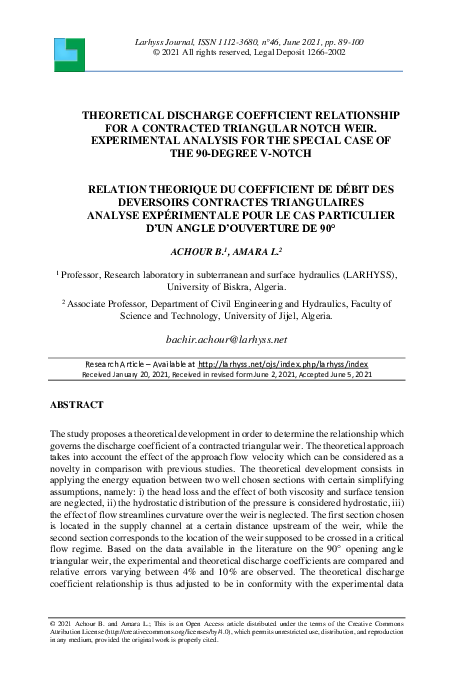 (PDF) Theoretical Discharge Coefficient Relationship for a Contracted ...