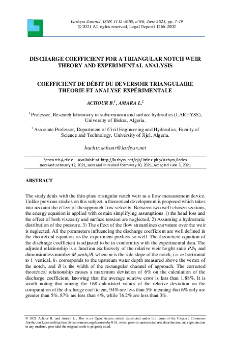 (PDF) Discharge Coefficient for a Triangular Notch Weir Theory and Experimental Analysis