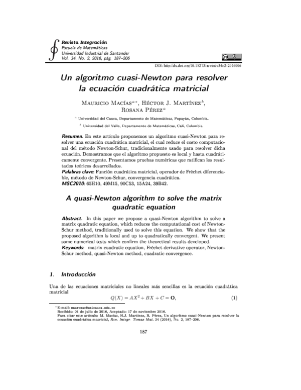 (PDF) Un algoritmo cuasi-Newton para resolver la ecuación cuadrática matricial