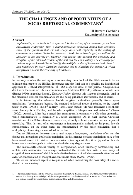 (PDF) The Challenges and Opportunities of a Socio-Rhetorical Commentary