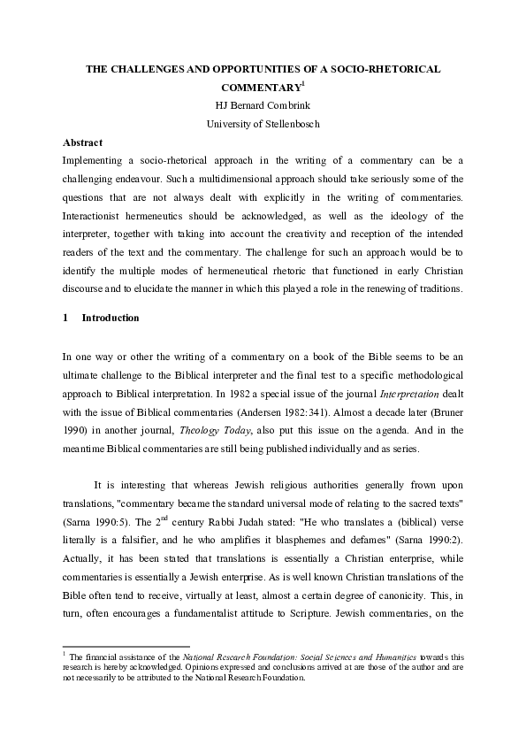 (PDF) The Challenges and Opportunities of a Socio-Rhetorical Commentary