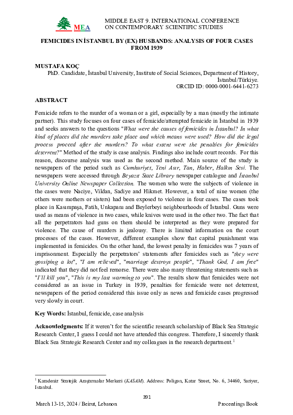(PDF) Femicides in İstanbul by (ex) husbands: Analysis of four cases from 1939