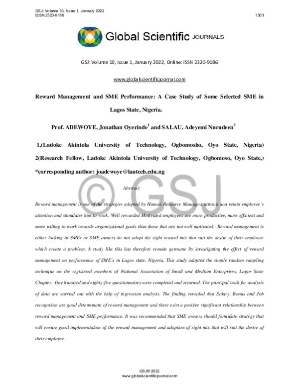 (PDF) Reward Management and SME Performance: A Case Study of Some ...