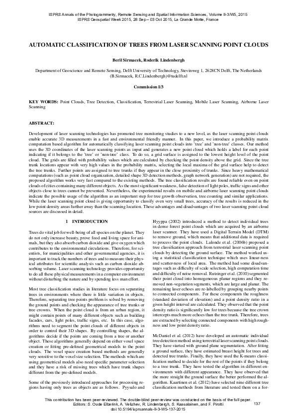 Pdf Automatic Classification Of Trees From Laser Scanning Point Clouds
